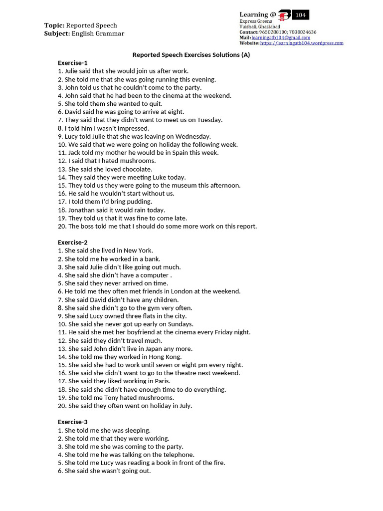 Reported Speech Exercises with Answers | PDF