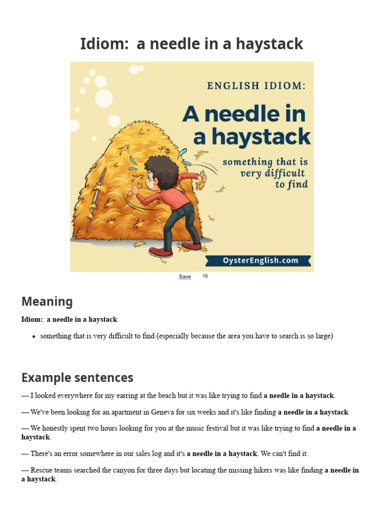 Oyster English Idiom_ a Needle in a Haystack (Meaning and Examples) | PDF