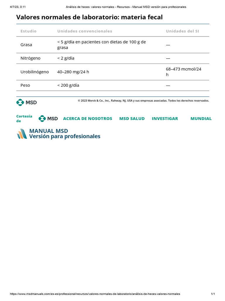 Análisis de Heces - Valores Normales - Recursos - Manual MSD Versión para Profesionales | PDF