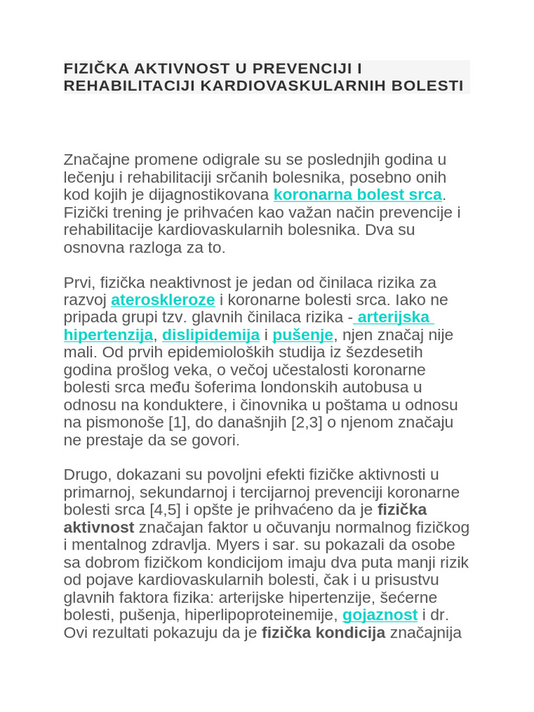 Fizička Aktivnost U Prevenciji I Rehabilitaciji Kardiovaskularnih Bolesti | PDF