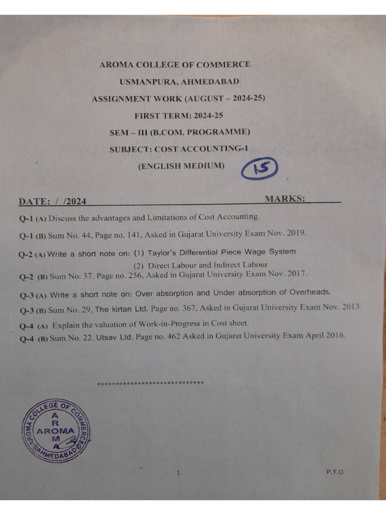 Assignment Work Bcom Sem 3 English Medium Aug Sept 20241724386564 | PDF