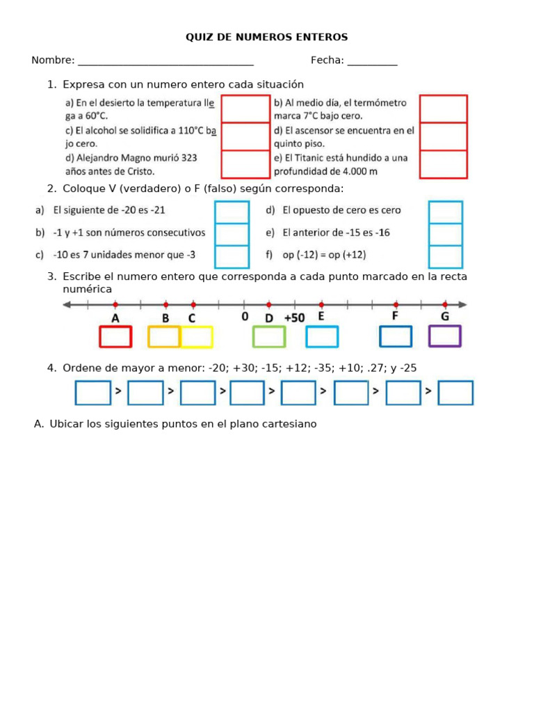 Quiz de Números Enteros y Recta Numérica | PDF