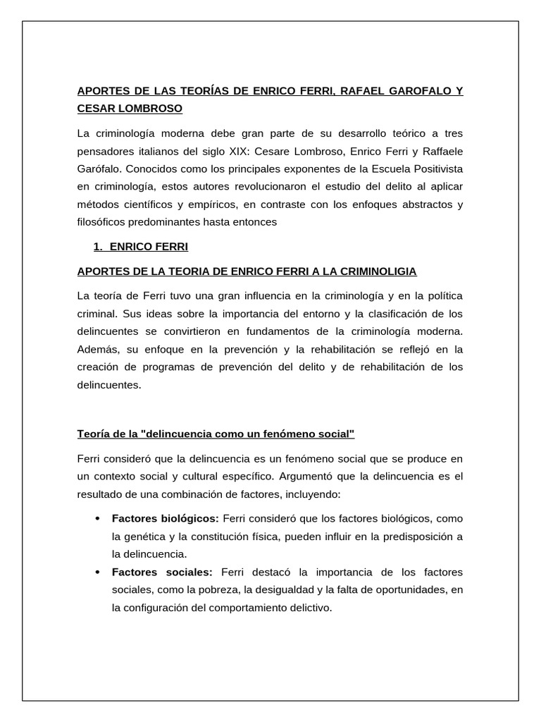 Aportes de Las Teorias de Enrico Ferri, Cesar Lombroso y Rafael ...
