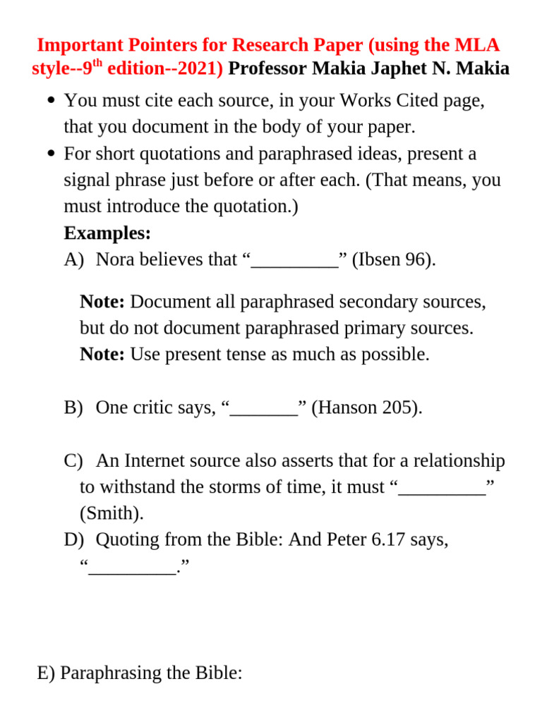 Pointers For Research Paper (MLA Style) | PDF