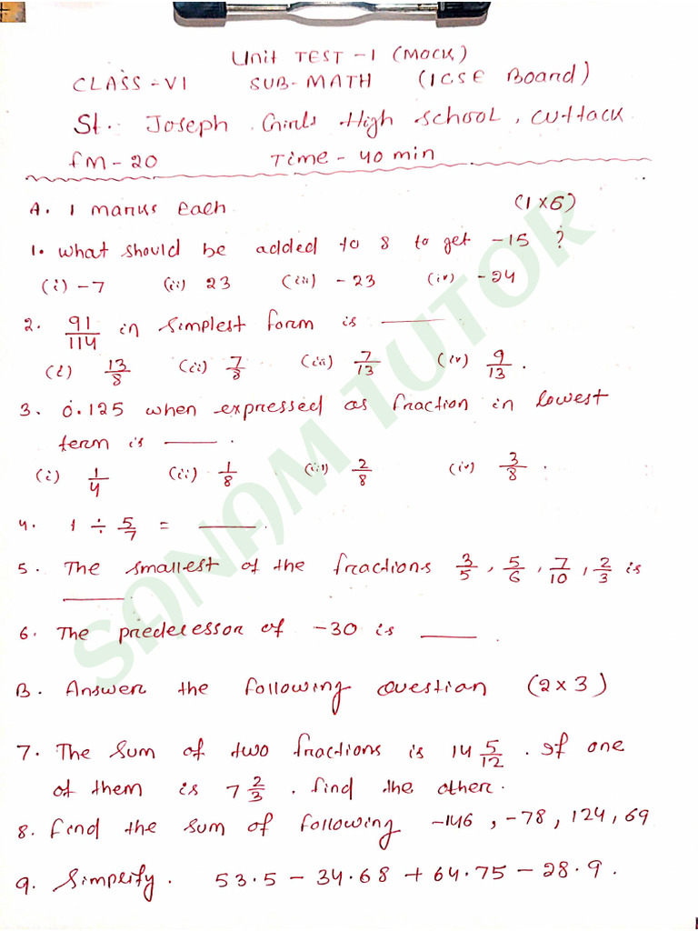 MATH UNIT TEST 1 St. Joseph school CLASS 6 MOCK | PDF