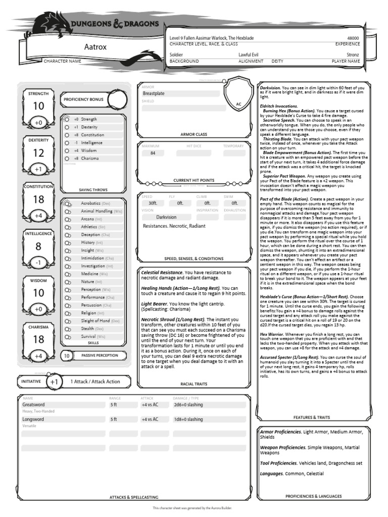 D&D 5E Hexblade Character Sheet | PDF | Dungeons & Dragons | Gary Gygax Games