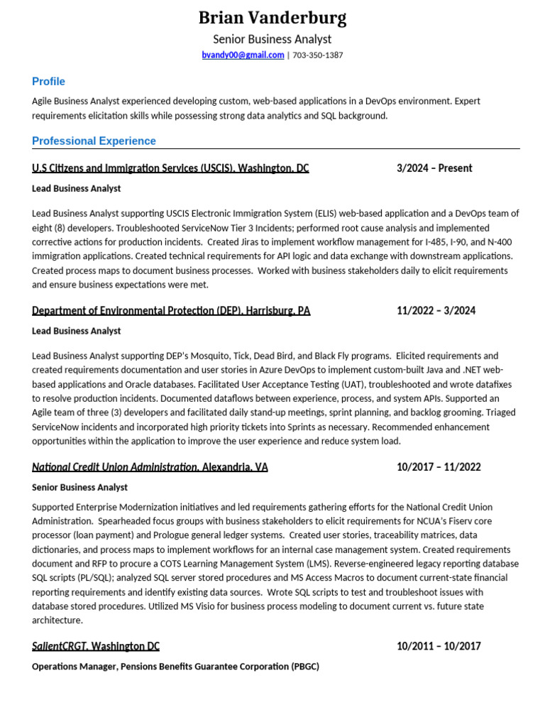 Brian Vanderburg Resume | PDF | Usability | Databases