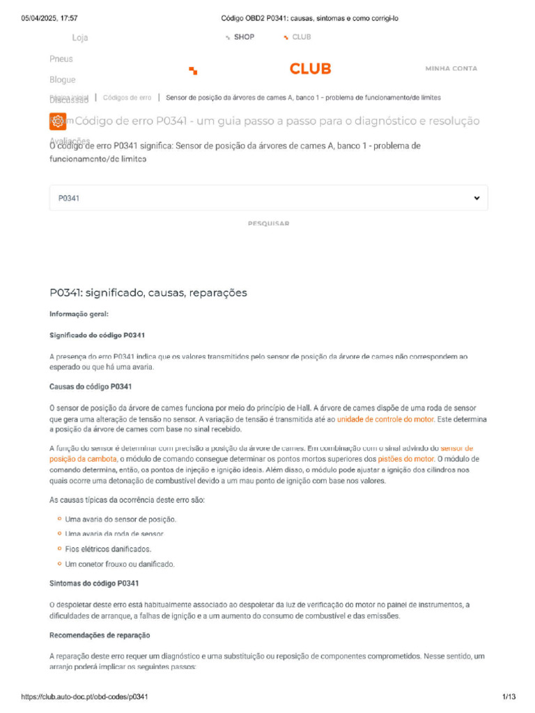 Código OBD2 P0341 - Causas, Sintomas e Como Corrigi-Lo | PDF