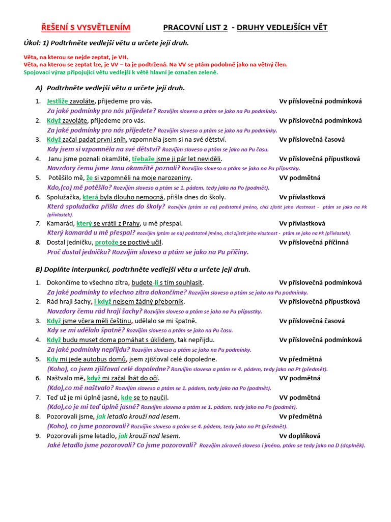 CJ Reseni Pracovni List 2 Druhy Vedlejsich Vet | PDF