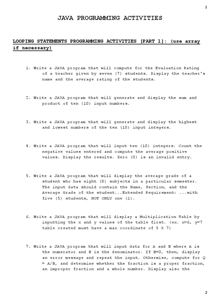 Java Programming Loop Activities Pdf Fraction Mathematics Computing