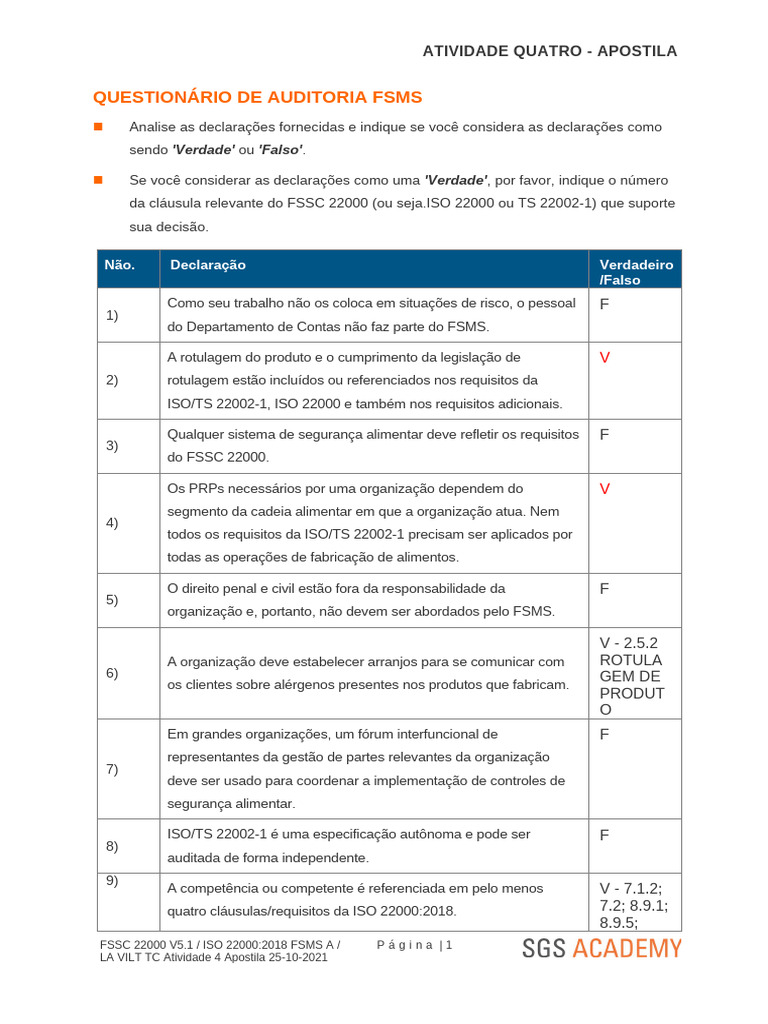 Activity Four_FSMS Audit Questionnaire Handout 25-10-2021.Pt ARIANA c | PDF
