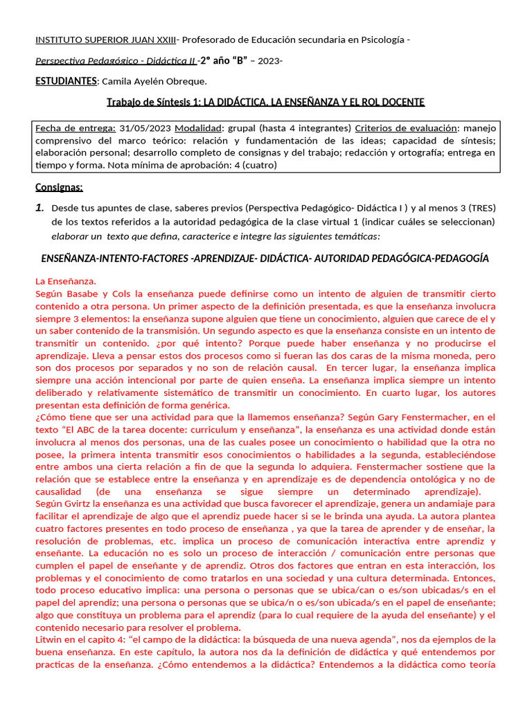 TRABAJO DE SINTESIS 1 PPD2 2023 Camila Obreque | PDF | Enseñando | Maestros