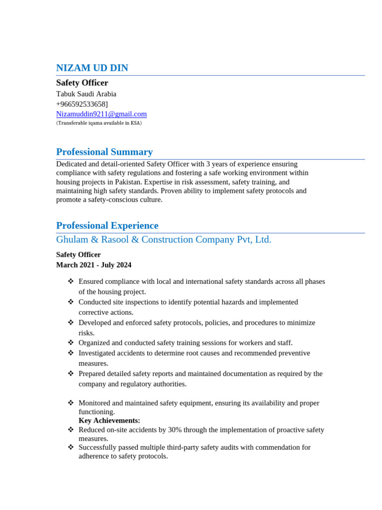 Safety Officer Profile - Nizam Ud Din | PDF | Occupational Safety And ...