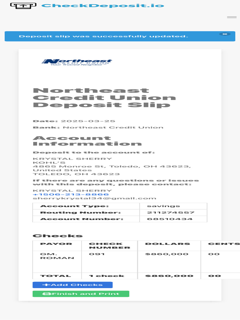 Northeast Credit Union Deposit Slip - CheckDeposit - Io | PDF
