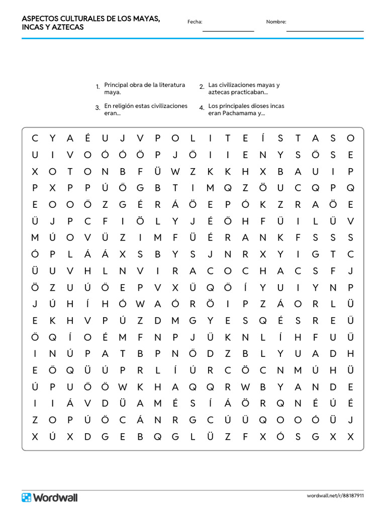Aspectos Culturales de Los Mayas Incas y Aztecas Sopa de Letras | PDF