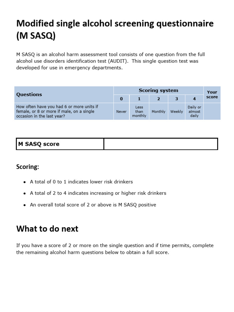 Single Question Alcohol Use Test M SASQ - For Print | PDF | Alcoholism ...