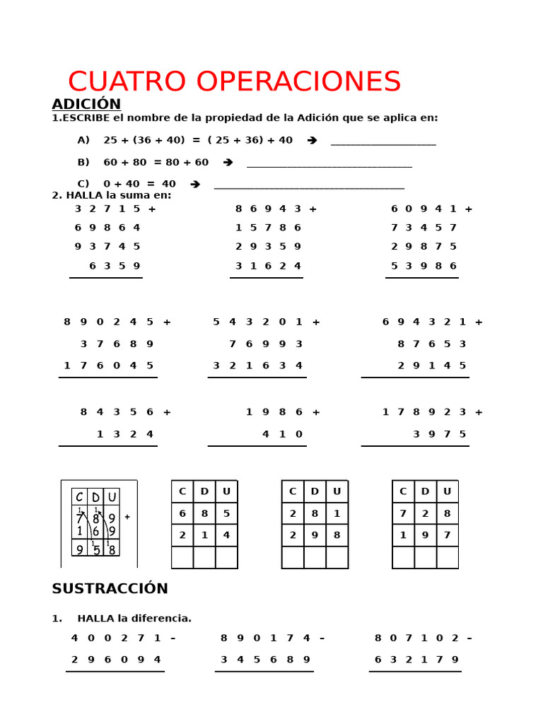 Cuatro-Operaciones-para-sexto-Grado-de-Primaria | PDF | Matemática Elemental | Aritmética