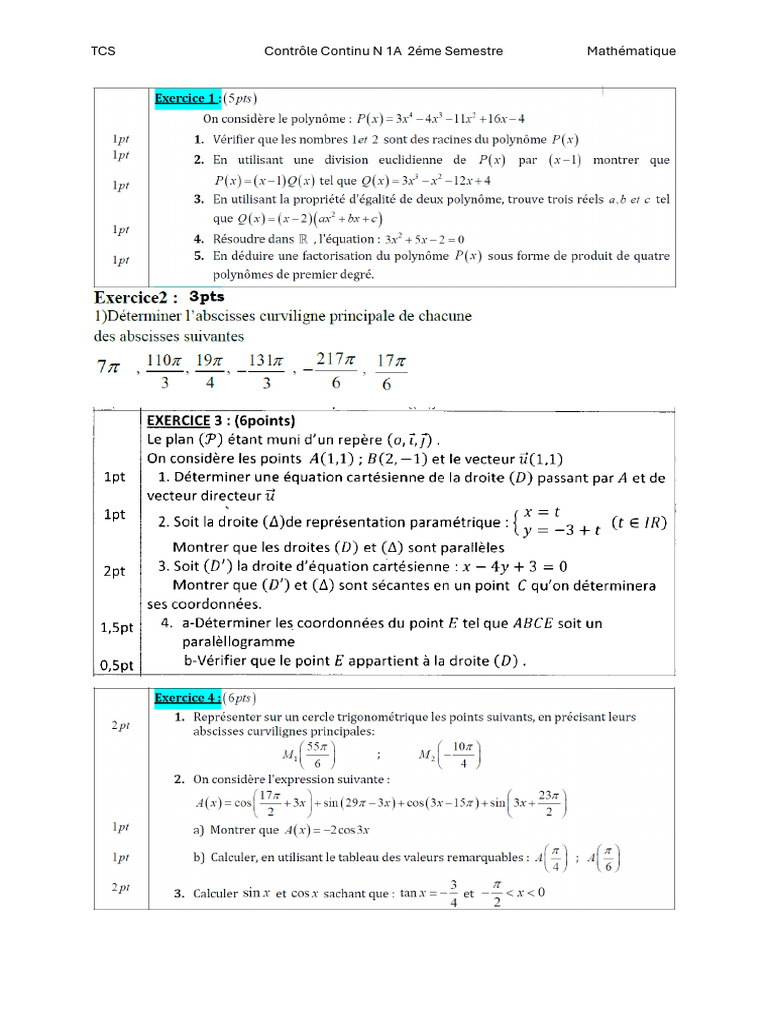 Contrôle Continu Mathématiques N 1A | PDF