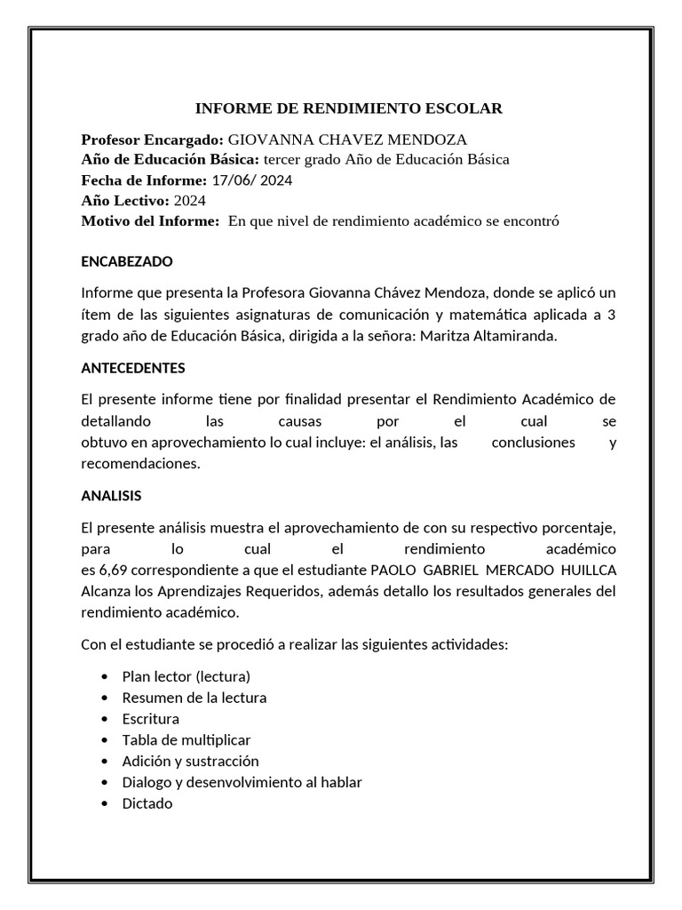 Informe de Rendimiento Escolar General | PDF | Educación primaria ...