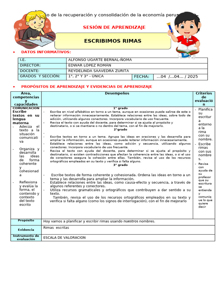 U1 S1 SESION D3 COM ESCRIBIMOS RIMAS CON NUESTROS NOMBRES | PDF | Aprendizaje | Maestros