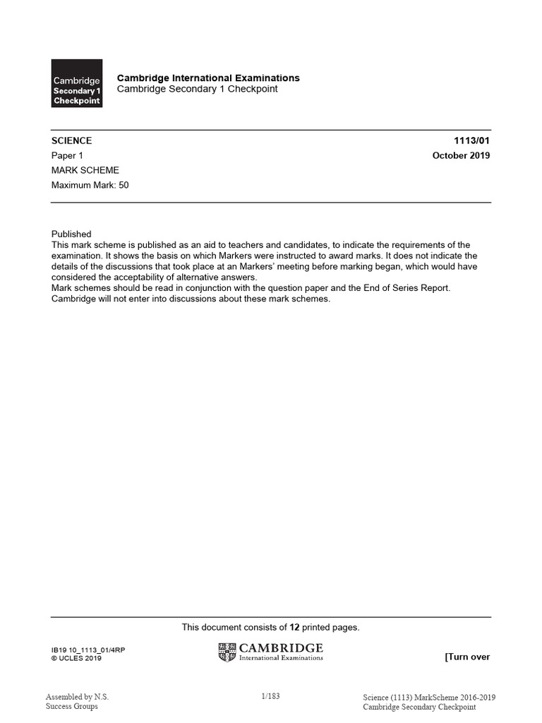 Cambridge Science Checkpoint Mark Scheme | PDF | Cartesian Coordinate ...