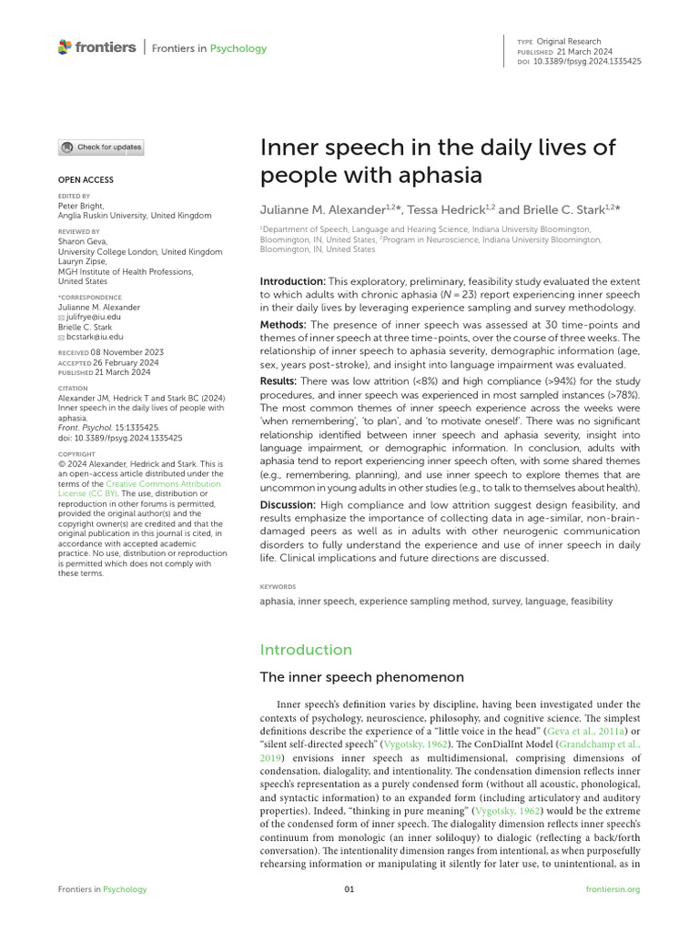 Inner Speech in The Daily Lives of People With Aphasia | PDF | Speech ...