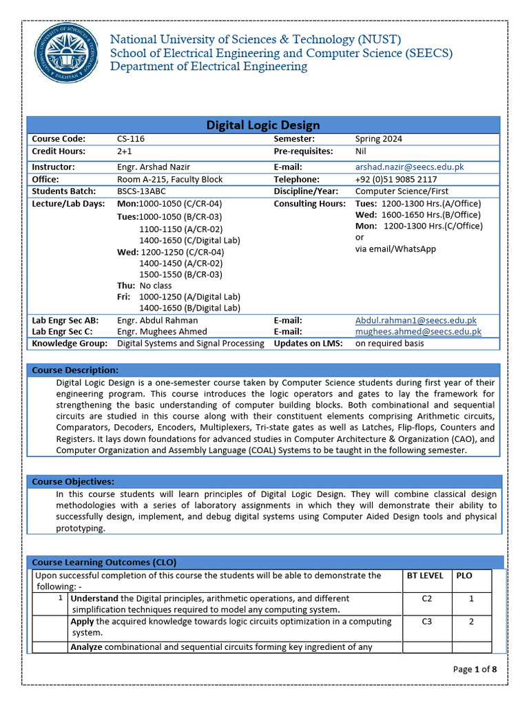 Digital Logic Design Course Outline | PDF | Boolean Algebra | Teaching ...