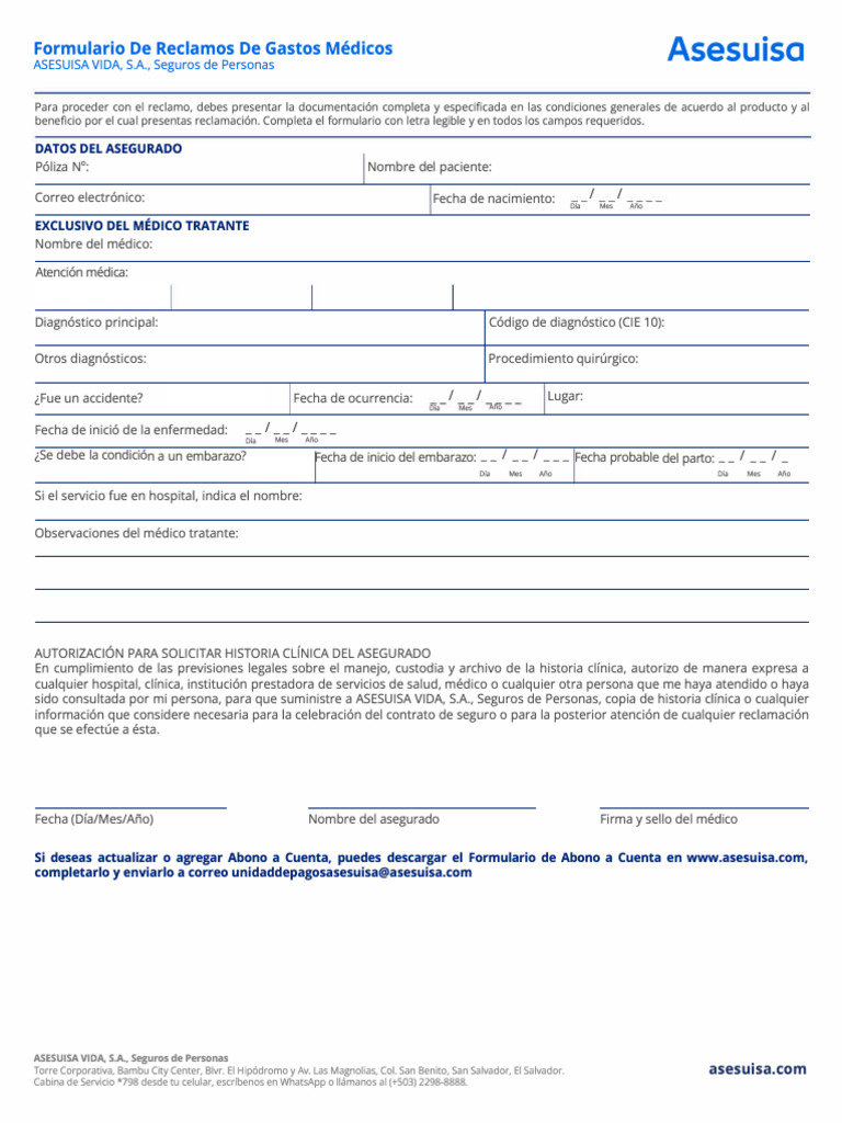 Formulario de Reclamo Asesuisa | PDF | Historial médico | Póliza de seguros