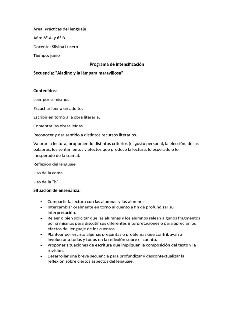 Secuencia Didáctica: Aladino y la Lámpara | PDF | Verbo | Mecánica del ...