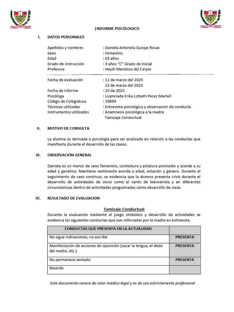 Informe Psicologico Daniela Rosas | PDF | Las emociones | Autolesiones