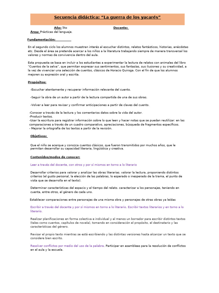 Secuencia La Guerra de Los Yacares 5to | PDF | Cuentos | Escritura