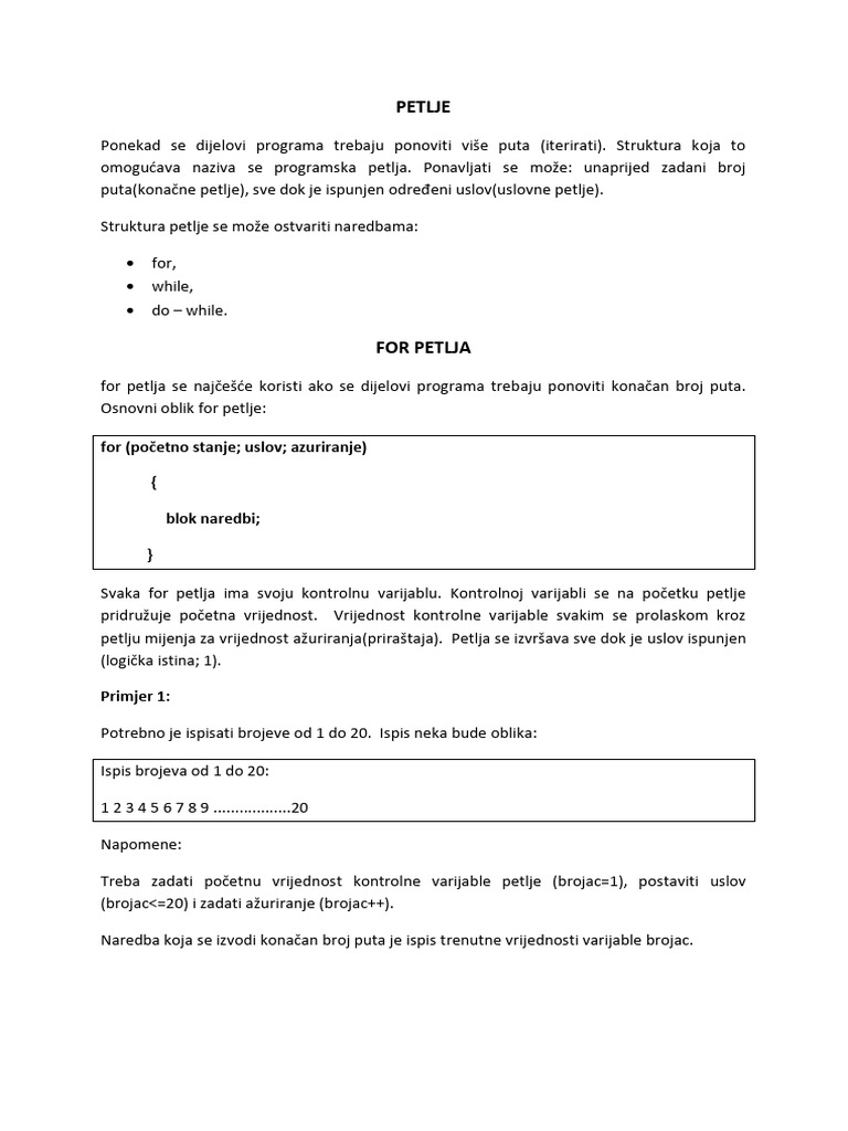 Petlje: For (Početno Stanje Uslov Azuriranje) (Blok Naredbi ) | PDF