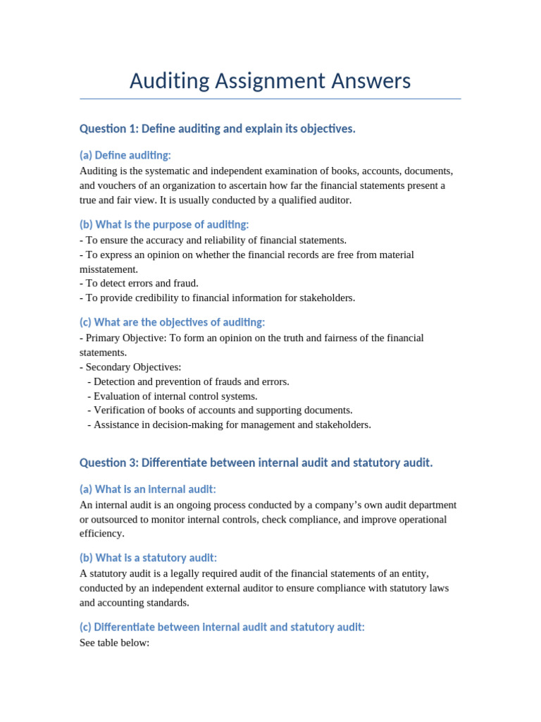 Auditing Assignment Answers | PDF | Audit | Internal Control