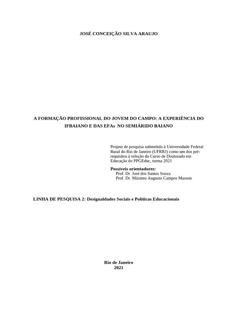 Projeto de Pesquisa Ufrrj | PDF | Estado | Pedagogia