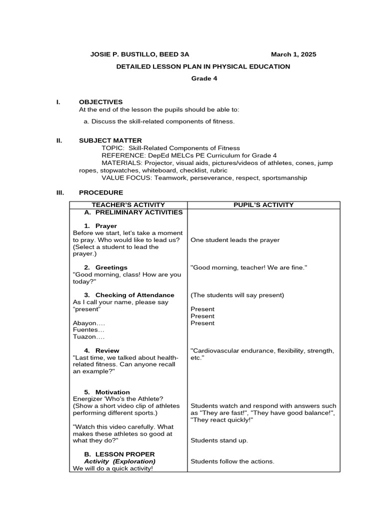 Grade 4 Physical Education Lesson Plan | PDF | Accuracy And Precision ...