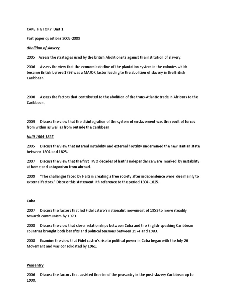 CAPE History Unit 1 Past Papers 2005-2009 | PDF | British Empire | Slavery