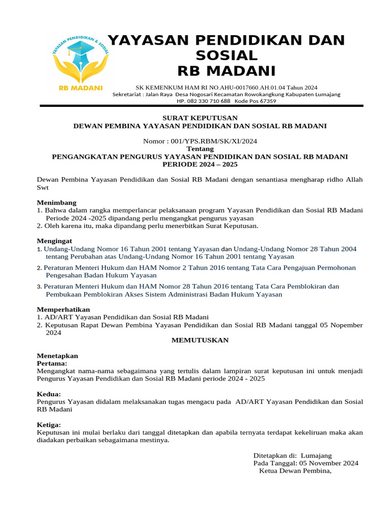 Contoh SK Yayasan | PDF