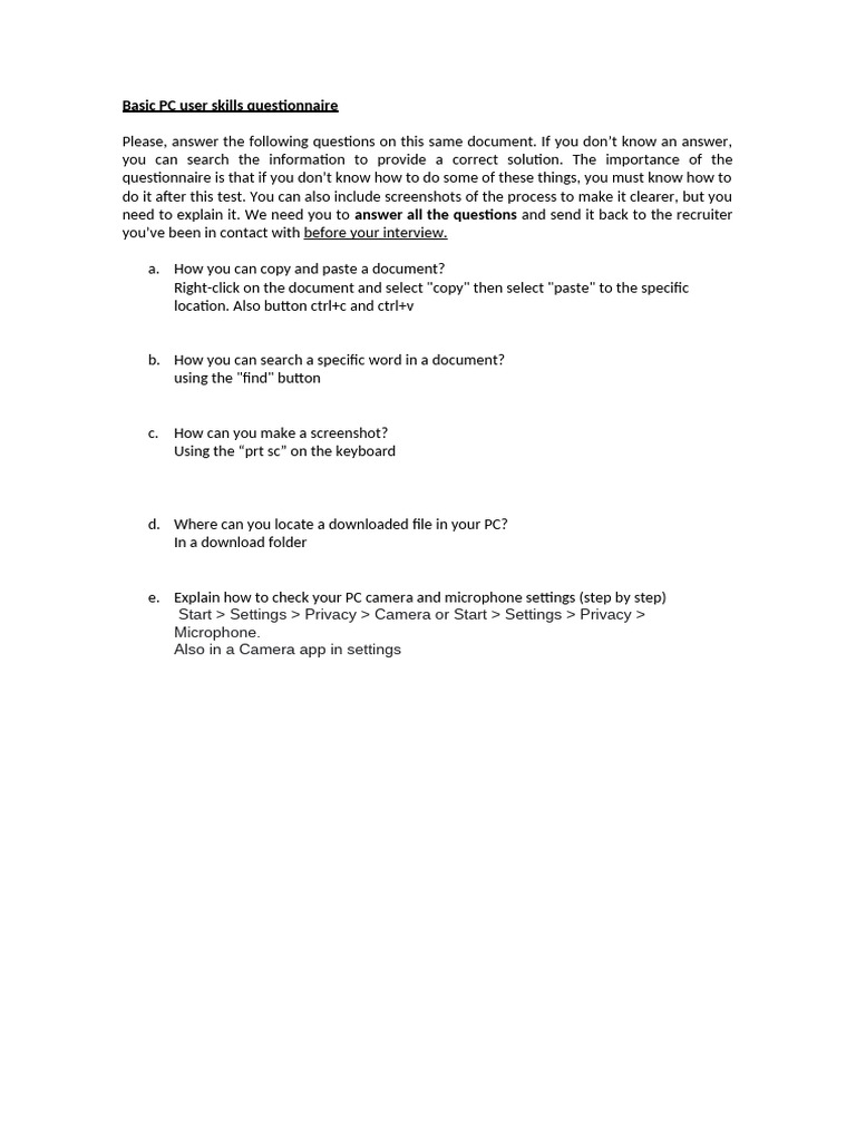 Basic PC User Skills Questionnaire | PDF