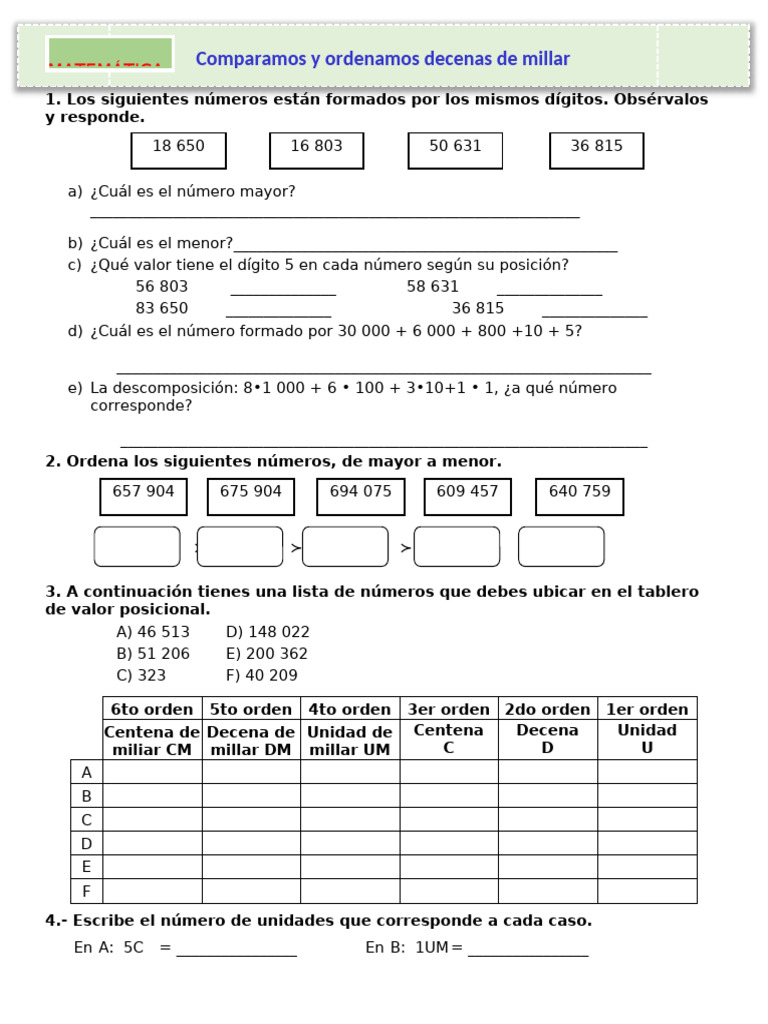 Ejercicios de valor posicional hasta millar | PDF