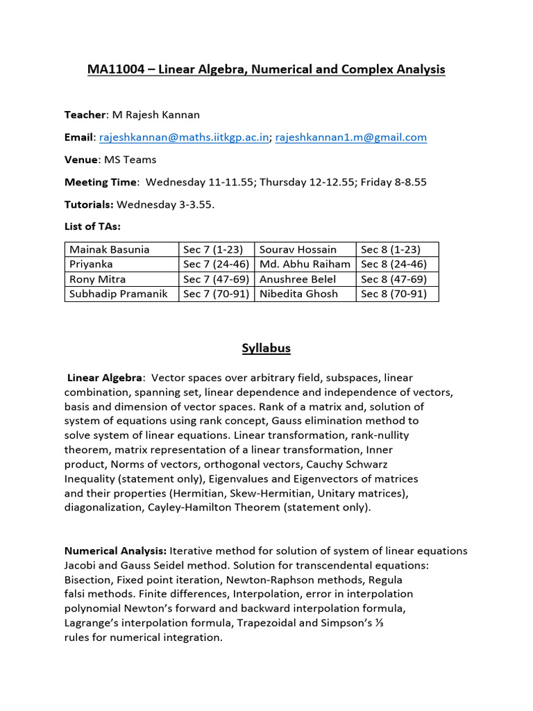 Linear Algebra, Numerical and Complex Analysis | PDF | Linear Algebra | Matrix (Mathematics)
