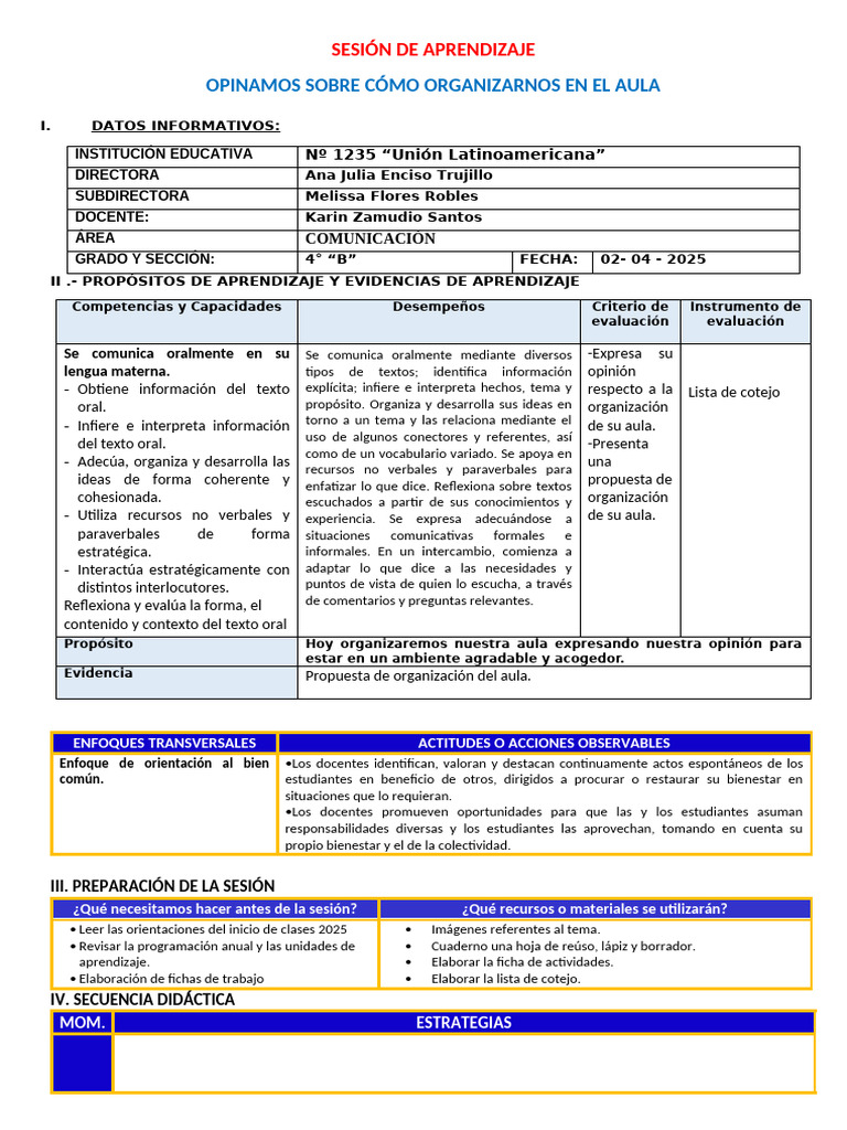 Unid 1 Sem 3 Ses 2 Com. Opinamos Sobre Cómo Organizarnos en El Aula | PDF | Aprendizaje | Salón ...