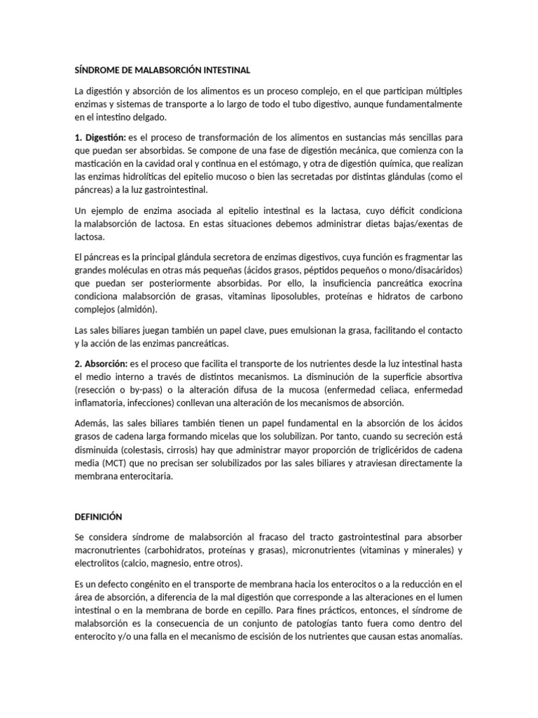 SÍNDROME DE MALABSORCIÓN INTESTINAL Y DAR | PDF | Digestión | Diarrea