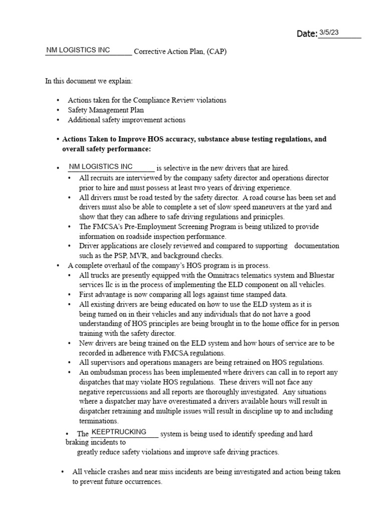 Corrective Action Plan CAP-1 | PDF | Safety | Transport