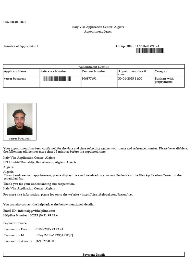 Italy Visa Appointment Confirmation | PDF | Payments