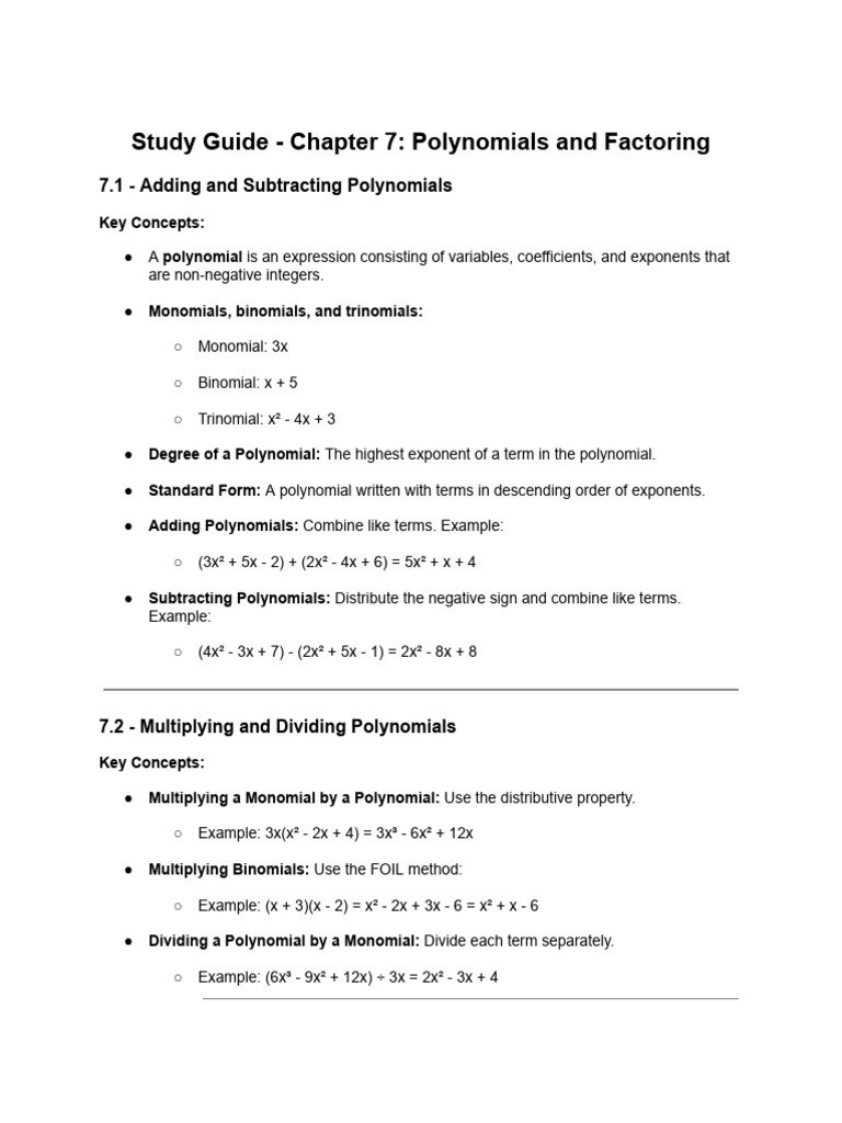 Study Guide - Chapter 7 - Polynomials and Factoring | PDF | Polynomial | Factorization