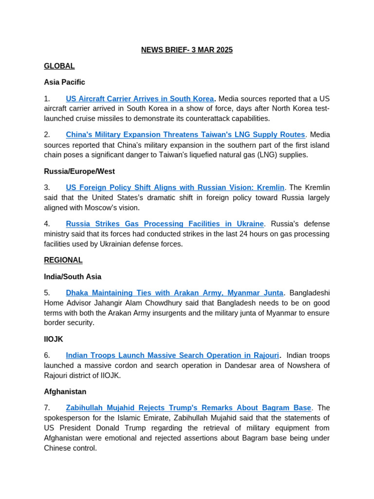 NEWS BRIEF-3 Mar 25 | PDF | Russia | World Politics