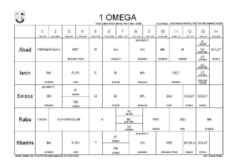 Jadual Rayyan 1 Omega | PDF