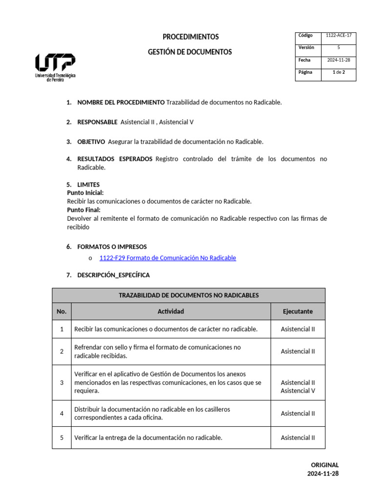 1122-ACE-17 V5 - Trazabilidad de Documentos No Radicables - Eliminar Procedimiento | PDF