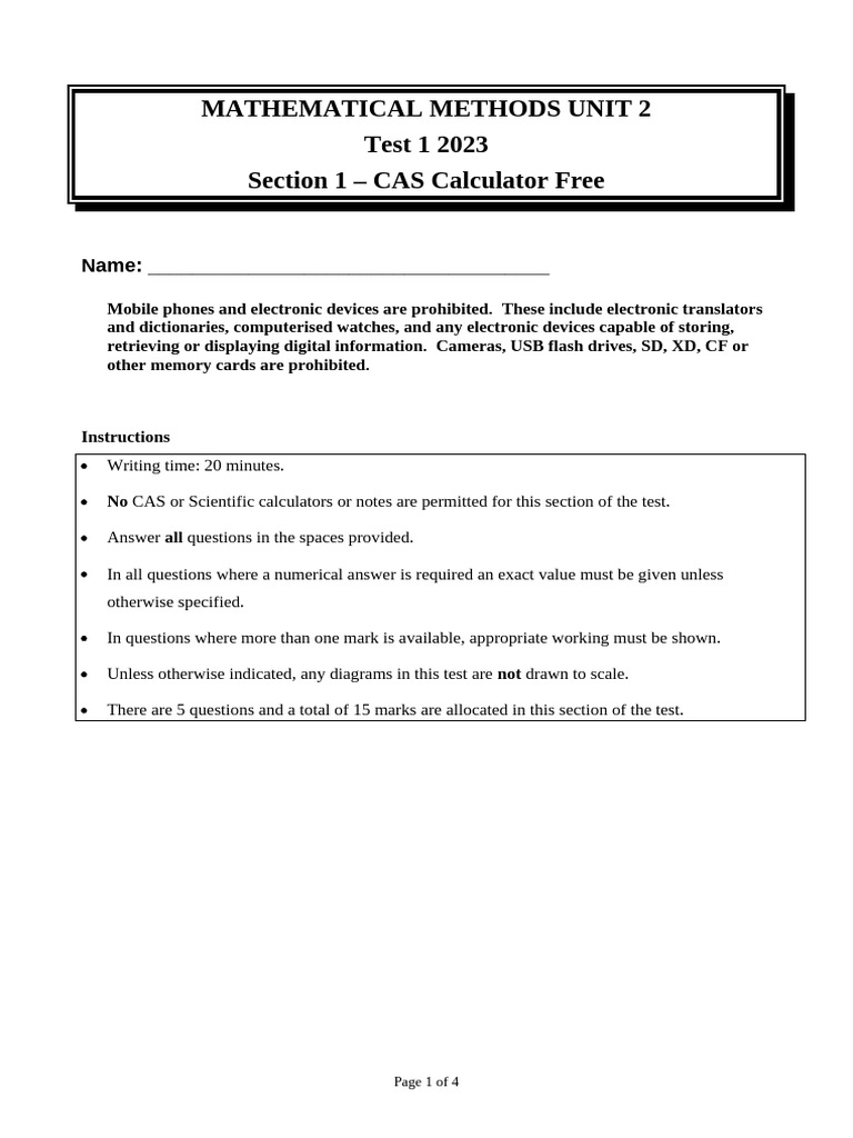2023 Test 1 Circular Functions Paper 1 Vce Methods 12 | PDF ...