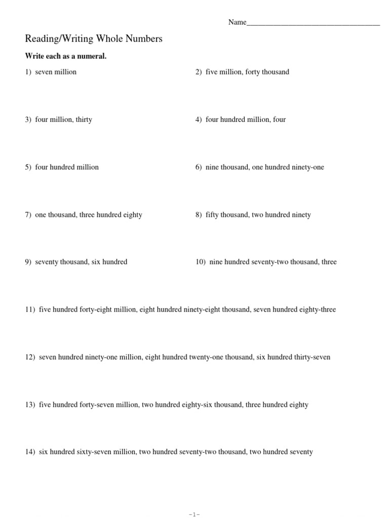 G5 - Extra H.W.6 Sheet - Reading and Writing Whole Numbers | PDF